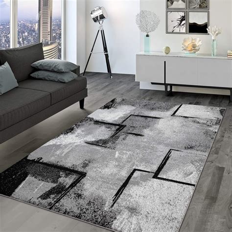 Grey White Area Rug Modern Design With Abstract Paint