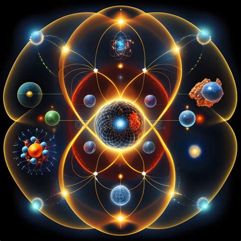 Vibrant Artistic Representation Of Atoms And Subatomic Particles In Physics Stock Illustration