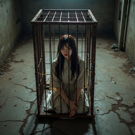 Photograph Of A Beautiful Japanese Woman Trapped In A Small Square Cage