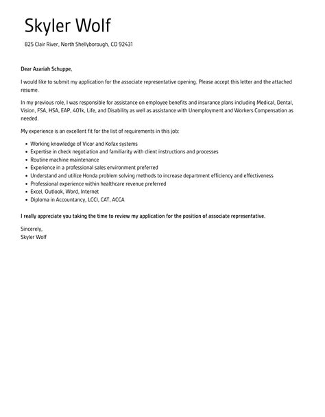 Associate Representative Cover Letter Velvet Jobs