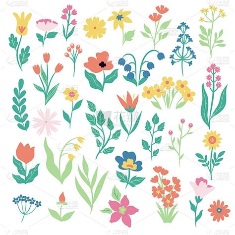 一组花和小枝孤立在白色背景上。矢量图形。素材 花瓣网