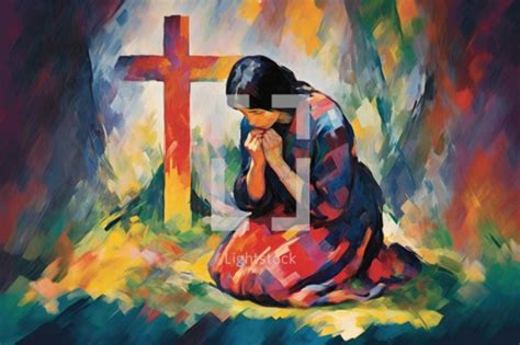 Christian Woman Praying In Front Of The Cross — Photo — Lightstock