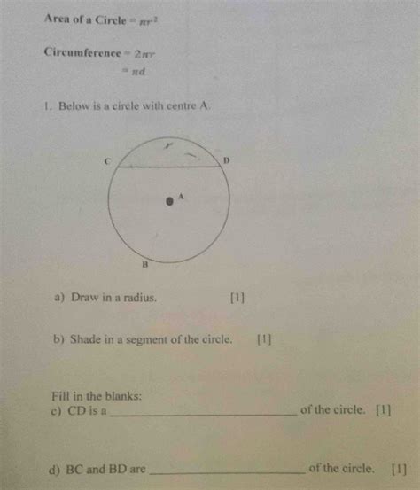 Solved Area of a Circle π r Circumference π r π d Below is a circle with centre A a