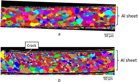 ebsd grain maps of the al sheets of a initial specimen with sic chip