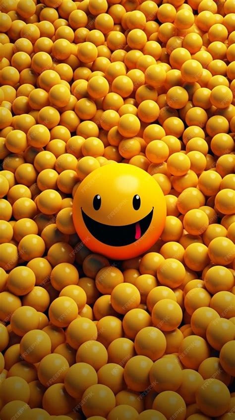 Una Feliz Bola Amarilla Sonriente En Un Montón De Bolas Amarillas