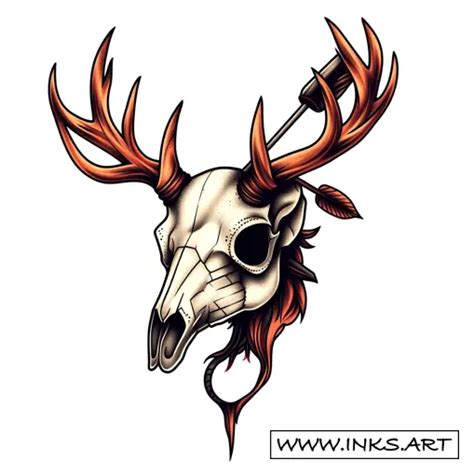 Tattoo Design Deer Skull With Arrow And Hook Style Neotraditional
