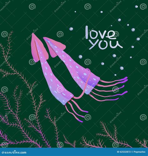 Squids Love Cartoon Greeting Card Design Stock Vector Illustration Of