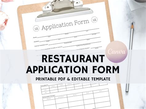 Restaurant Application Form Editable Application Template Application