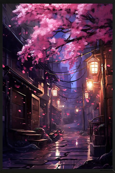 Anime Style Alley Print Japanese Town Poster Rural Japan Sakura Tree