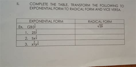 Solved Complete The Table Transform The Following To Exponential Form To Radical Form And Vice
