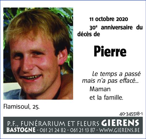 Avis De Décès De Pierre De Barsy Décédé Le 11101990 à Bastogne Annonce Condoléances Fleurs