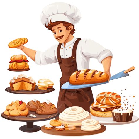 Panadero De Dibujos Animados Rodeado De Deliciosos Productos Horneados