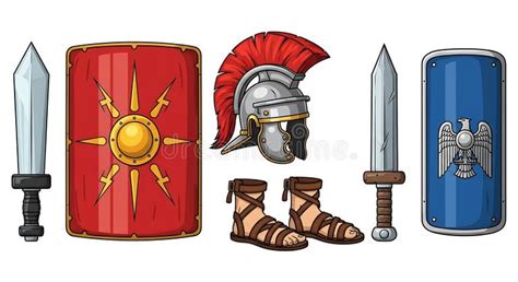 Cartoon Set Depicting Ancient Roman Soldier Equipment And Elements Stock Vector Illustration