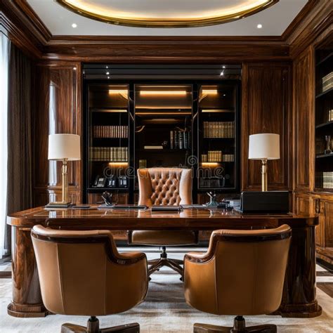 Luxurious Office Interior With Walnut Paneling And Leather Chairs Stock