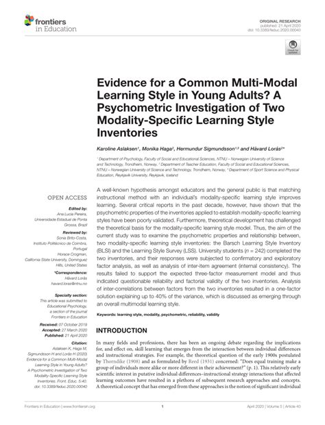 Pdf Evidence For A Common Multi Modal Learning Style In Young Adults