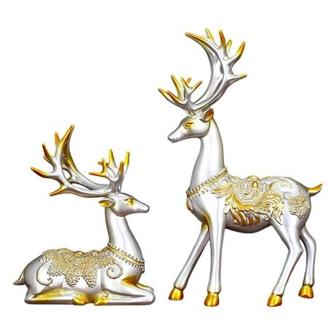 2 Pcs Christmas Reindeer Figurines Small Resin Standing Sitting Deer