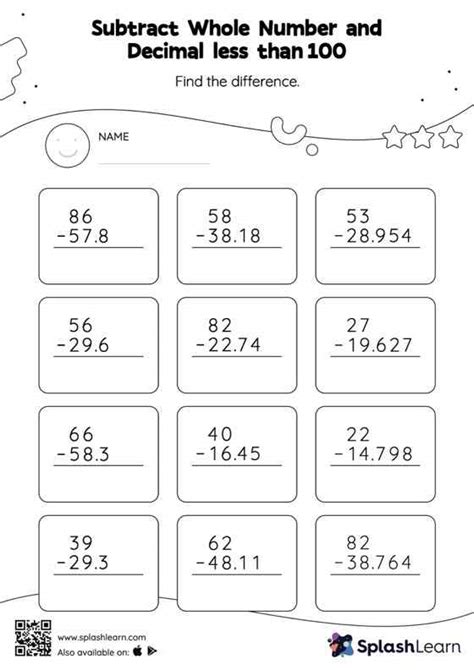 Subtract Whole Number And Decimal Less Than 100 Vertical Subtraction