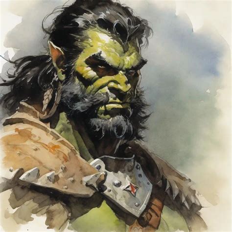 Half Orc Beard Paladin Portrait Watercolour By F