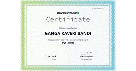I Earned Sql Basic Certificate From Hackerrank Ganga Kaveri Bandi