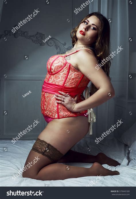 Beautiful Plus Size Model Wearing Lingerie Foto Stok 579943189