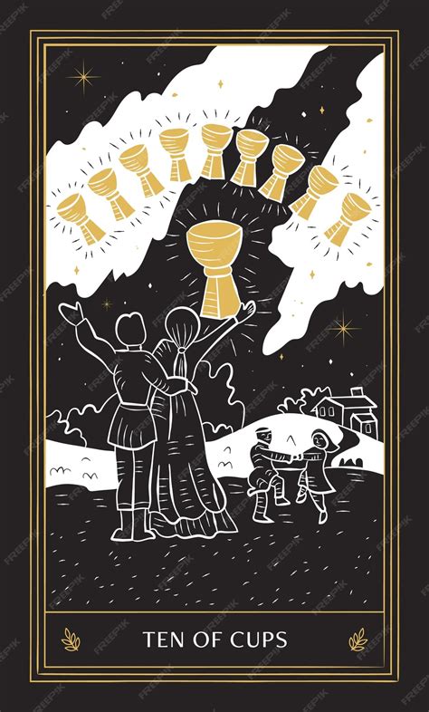 Diez De Copas Carta Del Tarot En Arcanos Menores Con Oro Negro Y Blanco