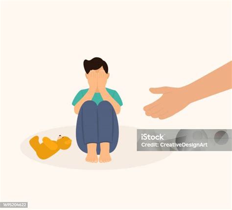 슬프고 외로운 아이를 돕는 인간의 손 어린 소년은 울고 손으로 얼굴을 가리고 있다 어린 시절의 문제 불안과 외로움 개념 아이에 대한 스톡 벡터 아트 및 기타 이미지 Istock