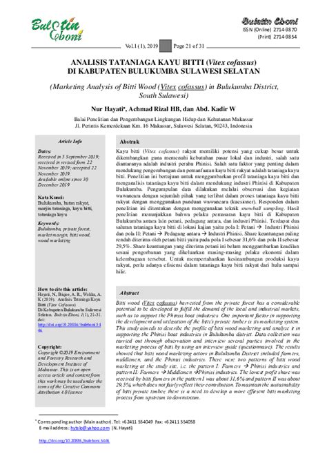 Pdf Marketing Analysis Of Bitti Wood Vitex Cofassus In Bulukumba