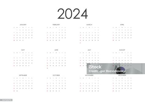 Calendar 2024 Template Vector Simple Minimal Design Week Starts Sunday