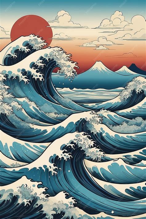 Premium Photo Abstract Hokusai Style Background Waves With Sea