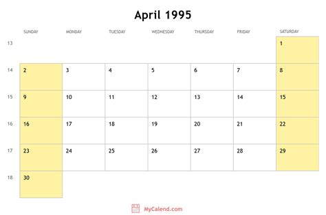 April 1995 Calendar With Holidays Monthly Printable Calendar