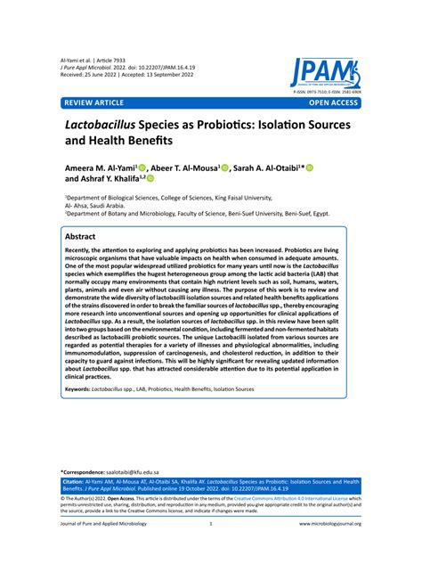 Pdf Lactobacillus Species As Probiotics Isolation Sources And Health Benefits