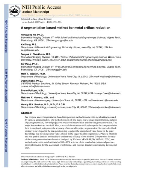 Pdf A Segmentation Based Method For Metal Artifact Reduction Osama