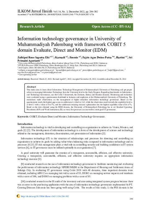 Pdf Information Technology Governance In University Of Muhammadiyah Palembang Using Framework