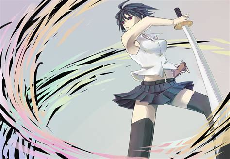 Black Hair Katana Original Red Eyes Short Hair Skirt Sword Thighhighs