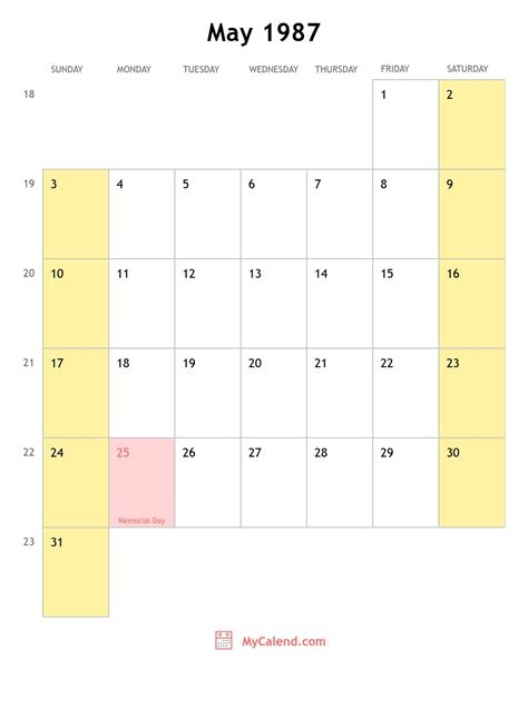 May 1987 Calendar With Holidays Monthly Printable Calendar