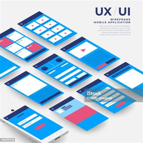 Ux Ui 순서도입니다 실물 모형 모바일 응용 프로그램 개념 등각 투영 평면 디자인입니다 벡터 일러스트입니다 개념에 대한 스톡