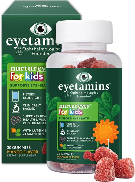 Eyetamins Nurtureyes 兒童眼部健康軟糖 30 種易於咀嚼、芒果軟糖 眼科醫生 創造兒童眼部維生素 天然、純素和非轉基因配方 健康與家庭