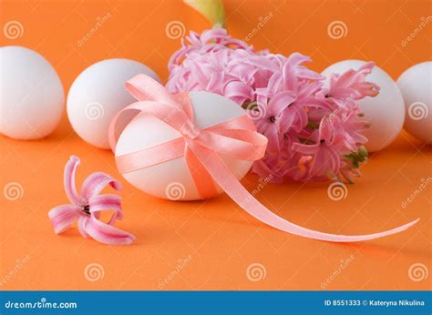 Easter Eggs On An Orange Background Stock Image Image Of Celebration Ribbon 8551333