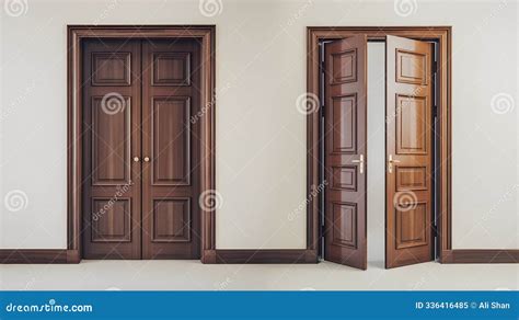 Wooden Doors Open And Closed In Interior Design Stock Illustration