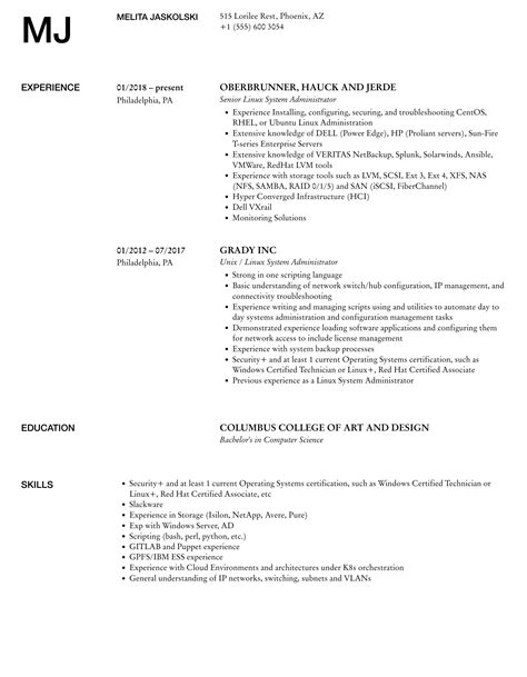 Linux System Administrator Resume Samples Velvet Jobs