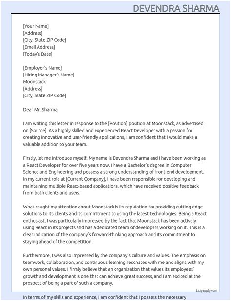 Cover Letter For React Developer Lazyapply