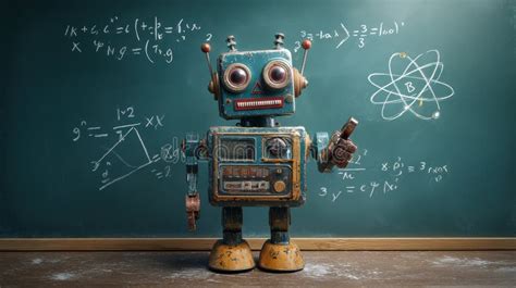 Vintage Robot Stands Confidently In Front Of A Blackboard Filled With Math Equations And Science