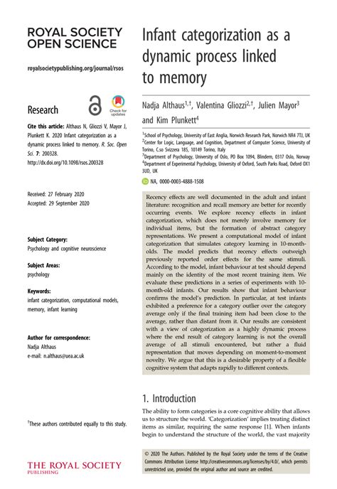 Pdf Infant Categorization As A Dynamic Process Linked To Memory