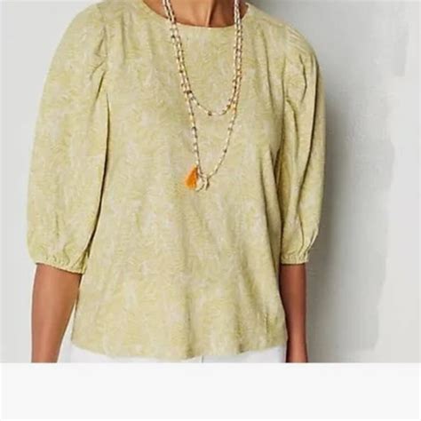 J Jill Tops J Jill Puff Sleeve Top Womens Lp Citron Palm Linen