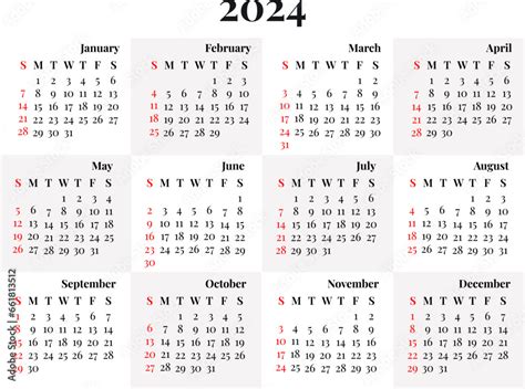 2024 Calendar Year Vector Illustration Week Starts Sunday Minimalist