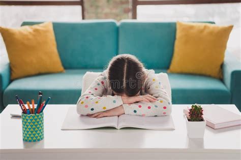 Photo Of Cute Small Schoolgirl Fell Asleep Book Wear Pullover Modern