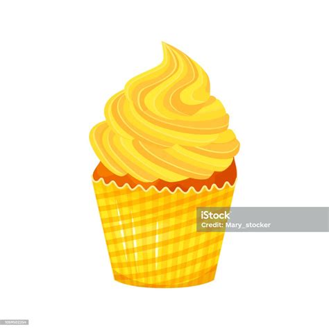달콤한 컵 케 익의 벡터 만화 스타일의 일러스트입니다 맛 있는 달콤한 디저트 노란색 크림으로 장식 흰색 배경에 고립 된 머핀입니다 컵케이크에 대한 스톡 벡터 아트 및 기타