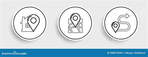 Set Line Route Location Map Pointer With House And Folded Map Marker Icon Vector Stock