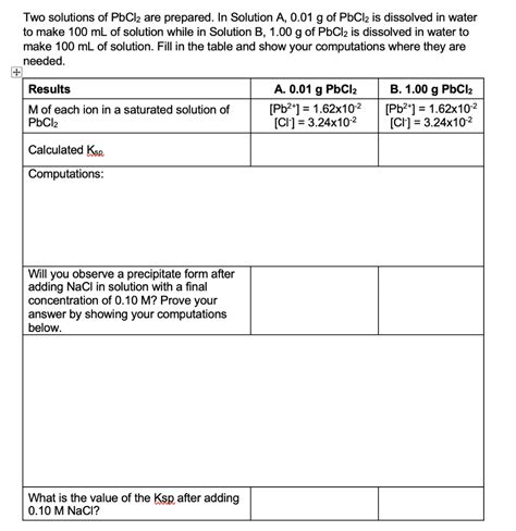 Solved Two Solutions Of Pbcl2 Are Prepared In Solution A