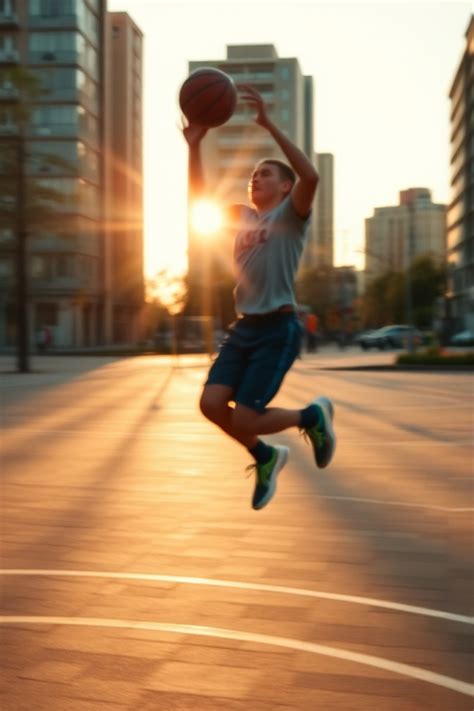 Dynamic Basketball Player Leaps For A Hoop At Sunset In Urban Park